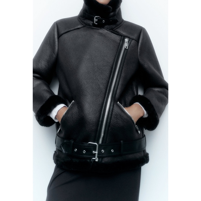 皮毛一体拼接机车款皮衣