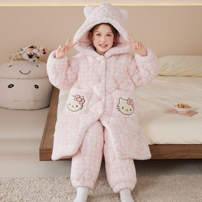 女童睡袍三层夹棉加厚睡衣珊瑚绒保暖中长款女孩家居服套装可外穿