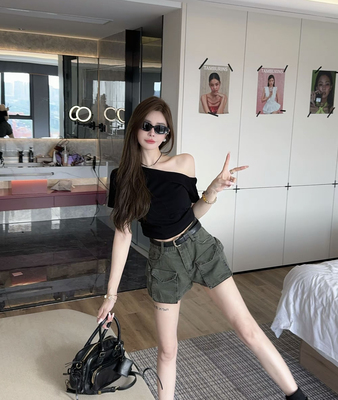 MIDO家 美式工装阔腿牛仔裤短裤女2025夏季新款高腰多口袋显瘦