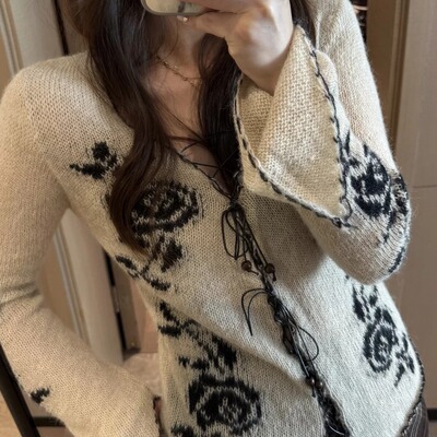 法式温柔提花绑带明线边针织开衫