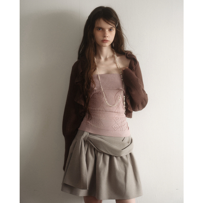 今日艺术家原创粉棕色醋酸山羊绒可露丽荷叶边开衫菱形抹胸两件套