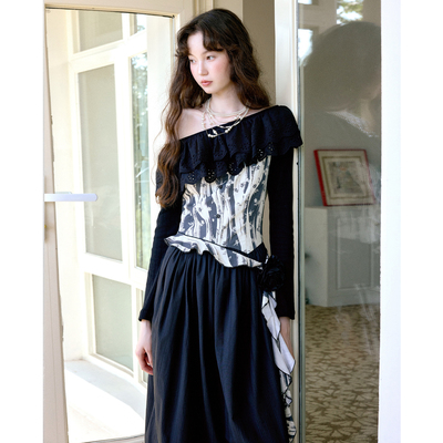 今日艺术家原创黑色斜肩复古少女手绘花苞连衣长裙