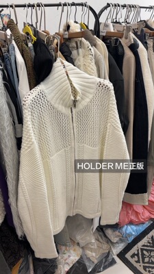 HOLDER ME正版冬季新款 宽松大版型白色拉链毛衣外套女