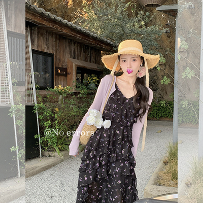 【3/8 10:00新品开售 先加购！】重工紫色碎花荷叶边吊带连衣裙