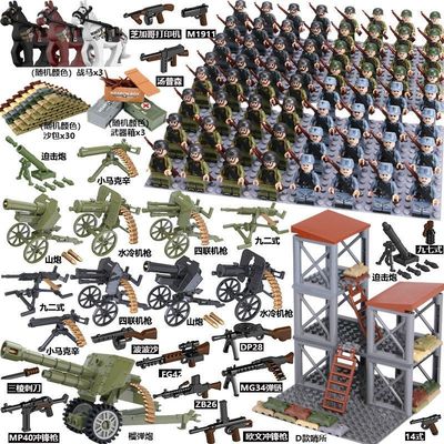 兼容二战人仔八路军士兵美军小人偶哨所场景瞭望哨塔拼装玩具