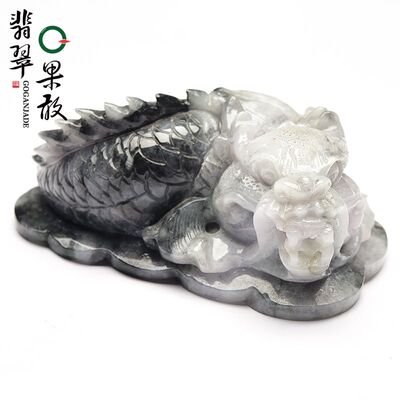 X26408果敢翡翠 乌鸡种翡翠鱼化龙摆件缅甸A货玉石鱼跃龙门摆件