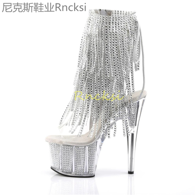 裸靴性感银色烤漆底超高跟17cm钢管舞鞋欧美马丁靴子表演走秀靴子