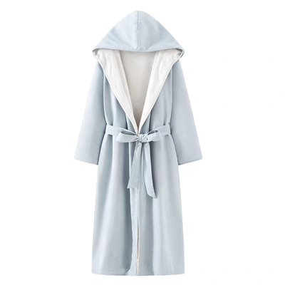 Hilton希尔顿酒店蓝浴袍缎面贵气情侣睡袍短绒女连帽高级家居袍男