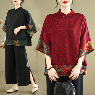 香云纱中式上衣国风盘扣小衫女洋气夏季新款妈妈时尚祥云衬衫T恤