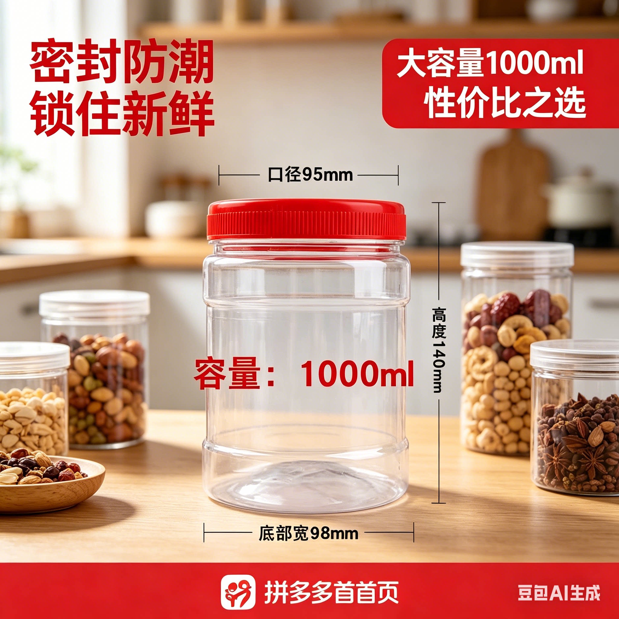 蜂蜜辣酱1.0L圆形瓶北欧食品级透明塑料密封罐广口五谷杂粮收纳罐