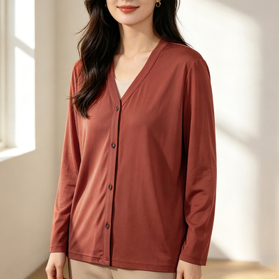 100%桑蚕丝长袖V领纽扣开衫2026年秋季款加捻丝高克重透气外套女