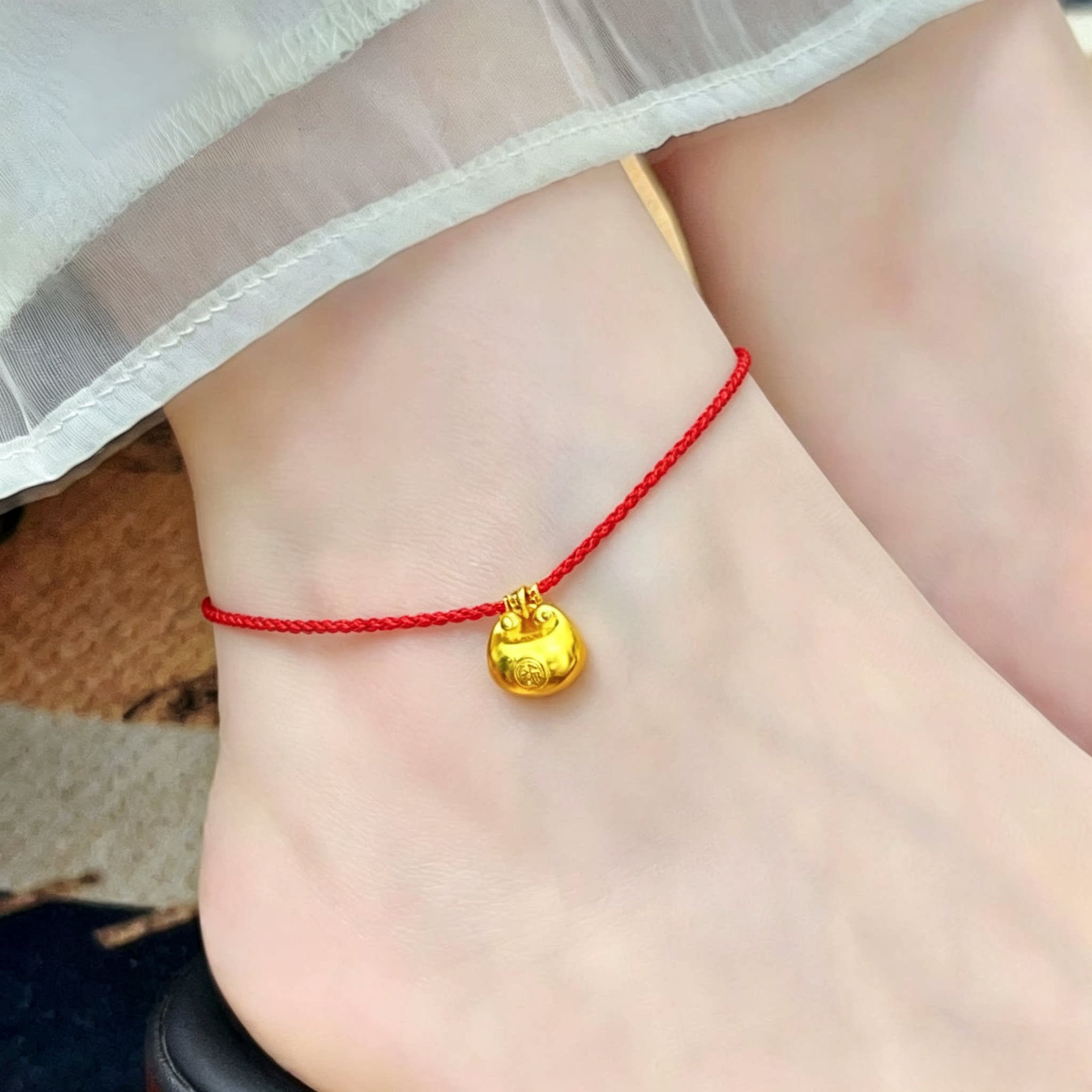 本命年招财小胖福金色脚链红绳纳福转运珠镀金脚绳