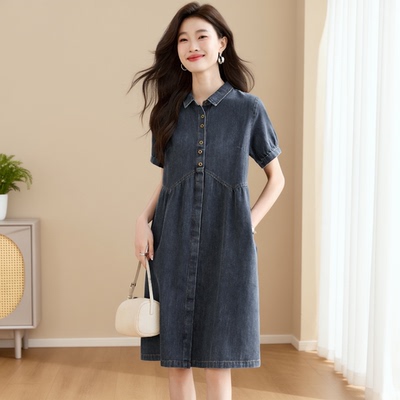 6608气质简约翻领牛仔连衣裙女夏季百搭休闲遮肚显瘦中长款懒人裙
