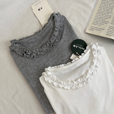 大妍【木耳T】小个子夏季简约百搭木耳边圆领短袖T恤1015