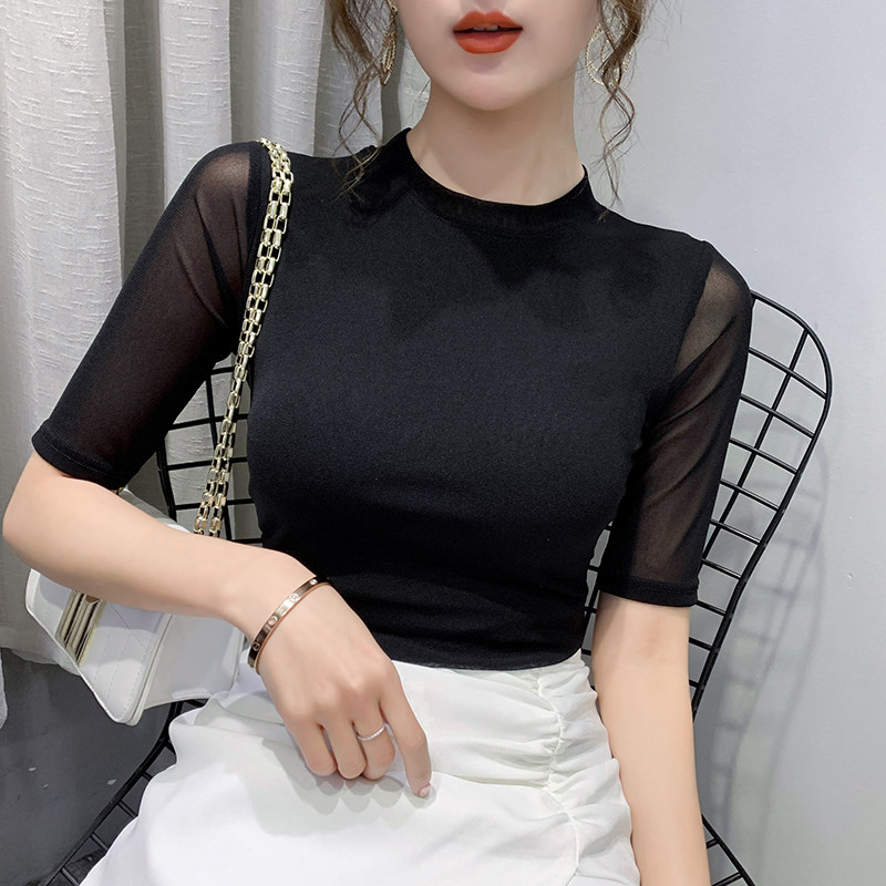 网纱打底衫女短袖t恤2020春夏新款半袖修身百搭上衣薄款内搭小衫