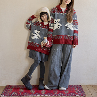 【顺丰】YOKI家过年亲子超厚7条毛小熊拉链提花100山羊绒保暖外套