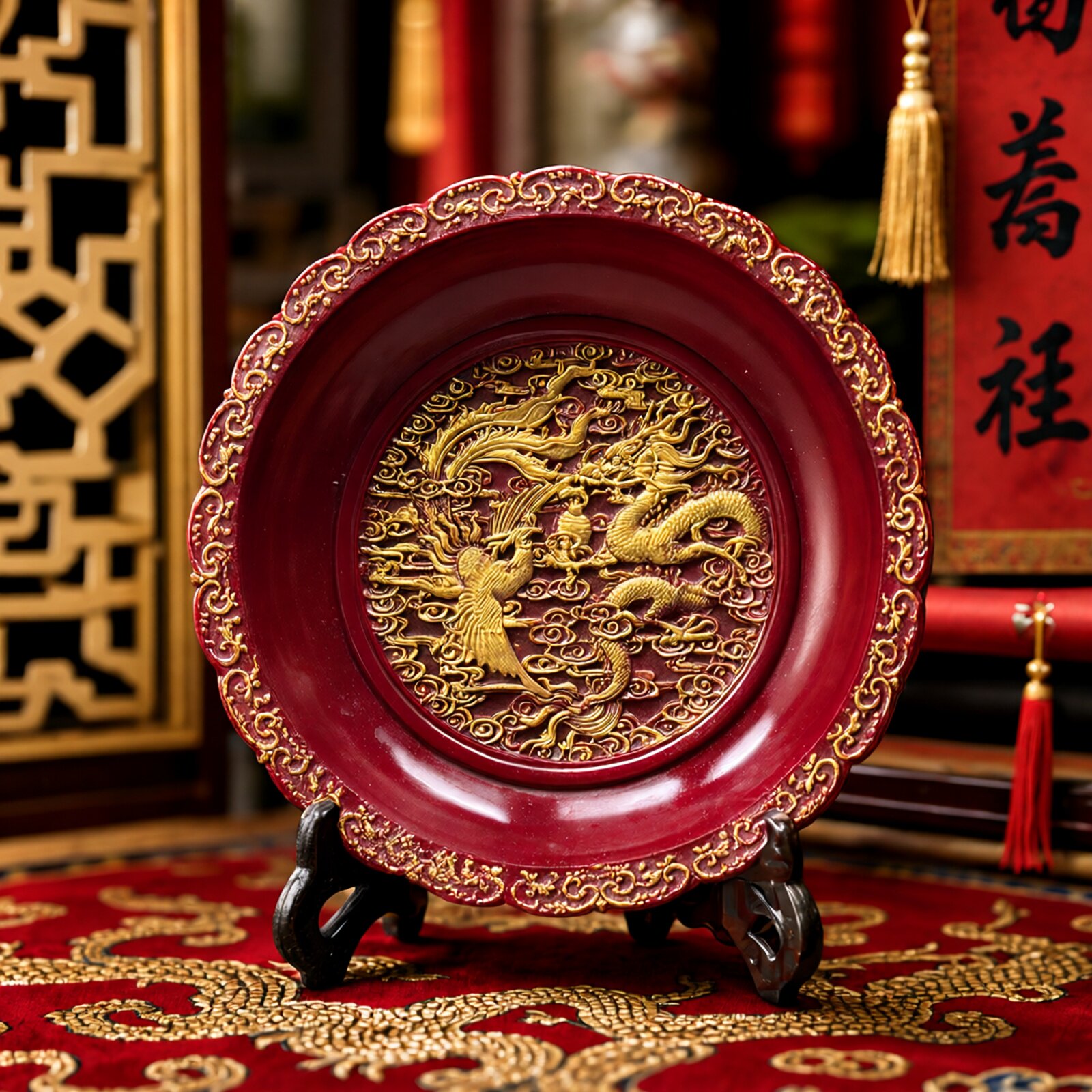 朱砂色紫金色描金缠枝纹龙凤呈祥圆盘摆件家居客厅装饰玄关摆件