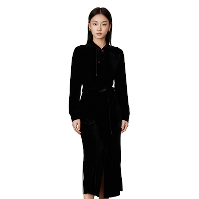 ivykki收腰丝绒连衣裙开叉显瘦