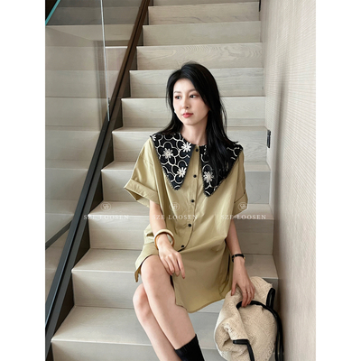 复古海军领刺绣短袖衬衫裙