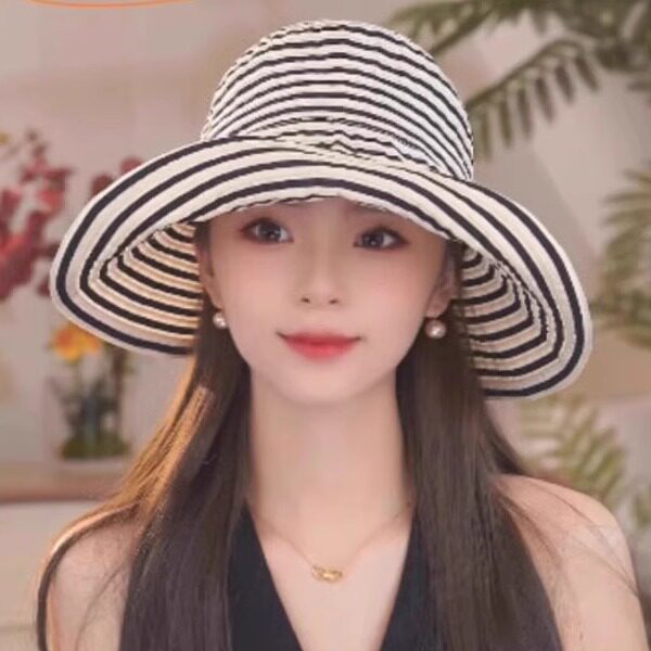 韩国条纹渔夫帽子女夏百搭遮阳帽2026新款防晒帽遮脸可折叠太阳帽