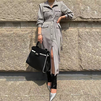 韩国法式双排扣收腰长款连衣裙