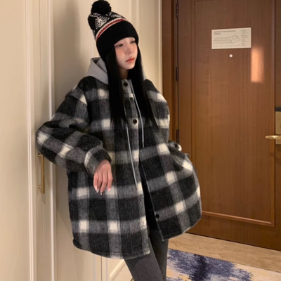 韩国格子连帽宽松毛呢衬衫外套