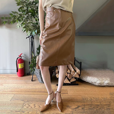 韩国pu皮开叉包臀半身裙皮裙