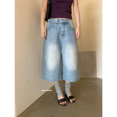 IMISS夏季韩版质感时尚高腰休闲舒适直筒阔腿裤牛仔裤女(配腰带)