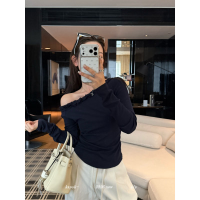 KAPOK韩系木耳边斜肩设计感气质百搭修身气质长袖上衣长袖T恤女春