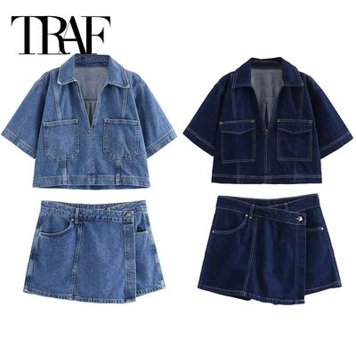 TRAF Blue Denim Shirt Woman Short Sleeve Cropped Shirt Women