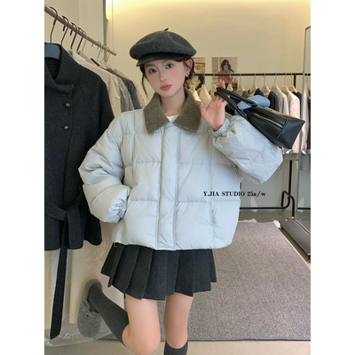 Y.JIA 伊嘉设计感拼接灯芯绒polo领羽绒服女秋冬甜美减龄短款外套