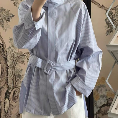 一起简大牌通勤收腰设计洋气减龄条纹衬衫(配腰带)YS3-t560