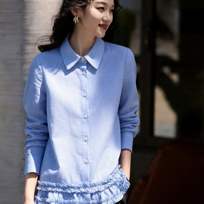 一起夏上新法式小清新木耳边设计感条纹衬衫30213