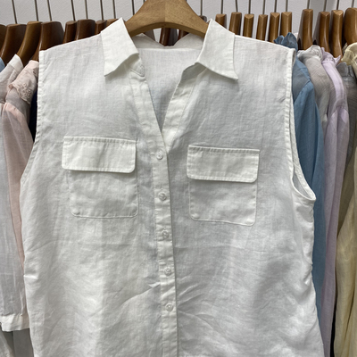 希一起设计亚麻简约风翻领无袖上衣背心女夏季麻料衬衫小衫HSX6