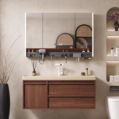 莫顿胡桃木色骨骼线鎏金石一体海洋一体盆浴室柜组合卫生间洗手盆