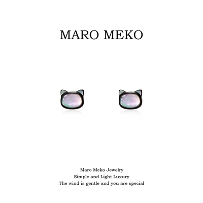 MaroMeko黑色贝壳猫咪纯银耳钉