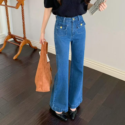 纯棉高腰不贴腿直筒微喇裤女