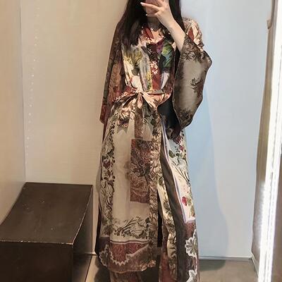 欧美女装民族风复古浴衣拼布花朵印花侧开叉宽松柔软垂感日系汉服