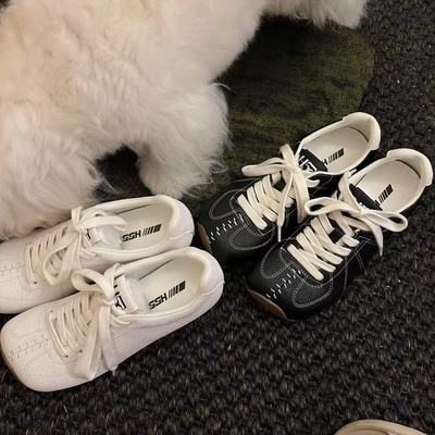 H55女鞋时光线条极简荔枝纹平底德训鞋4cm休闲百搭方头白鞋ins风