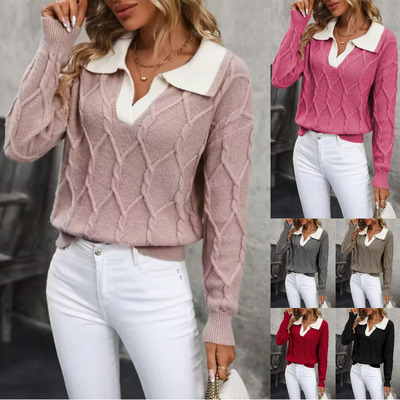 女绞花针织纹理V型门襟针织衫