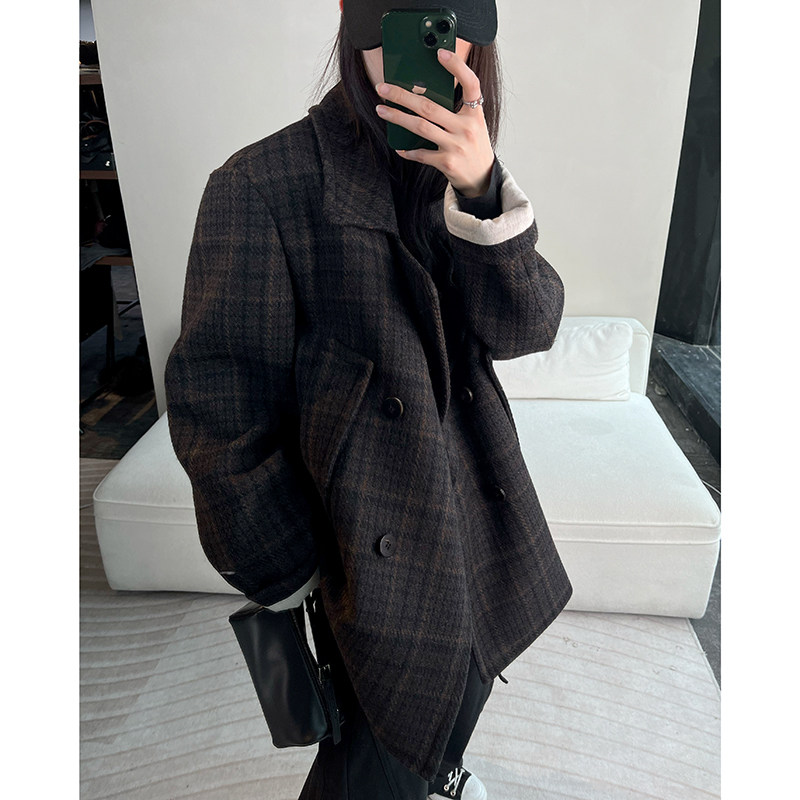 CHU楚妞[绿格]羊毛格纹双排扣西装春季新款女复古英伦外套