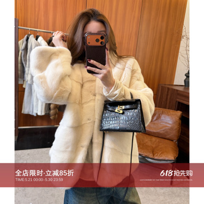 CHU楚妞[蜜绒]哥本哈根皇冠紫标横排定染水貂皮毛皮草外套BG25005