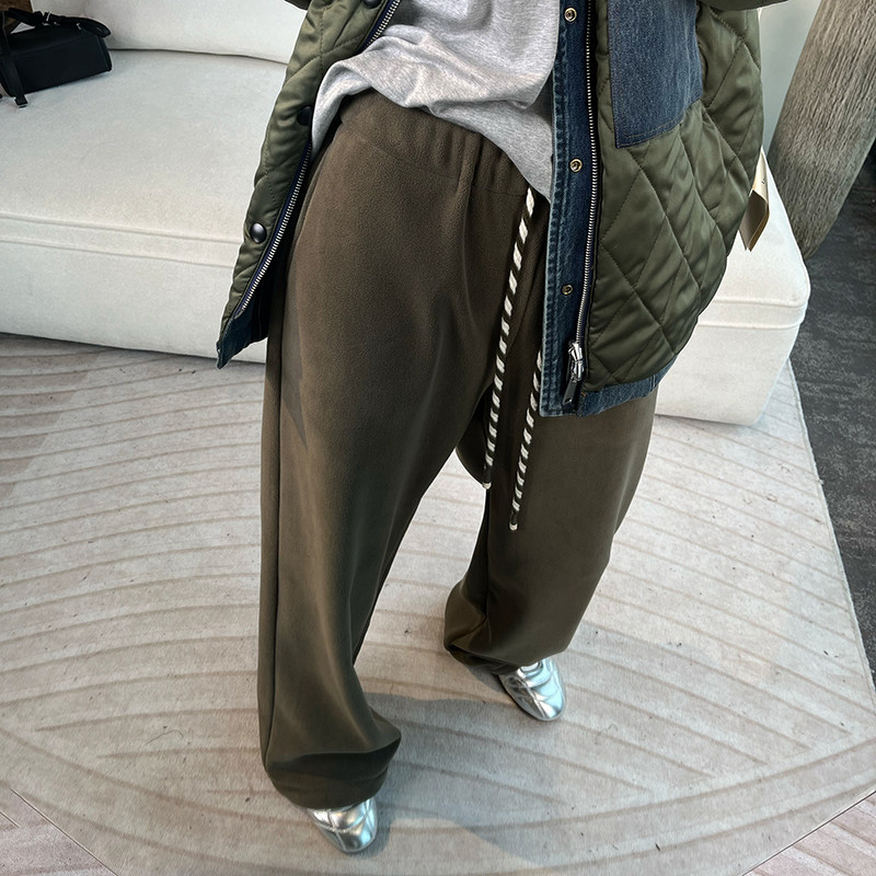 CHU楚妞[切尔]弹力抽绳摇粒绒休闲裤春季新款女直筒阔腿裤子