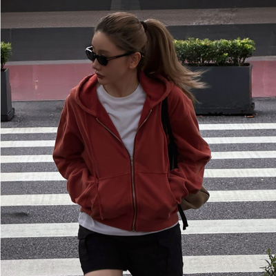 CHU楚妞【红陌】复古感连帽做旧2026新款秋季纯棉卫衣外套女