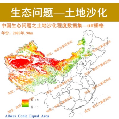 中国生态问题之土地沙化程度栅格数据集2020年tiff栅格arcgis出图
