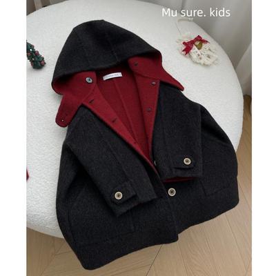 Mu儿童双面羊毛大衣黑红新年款