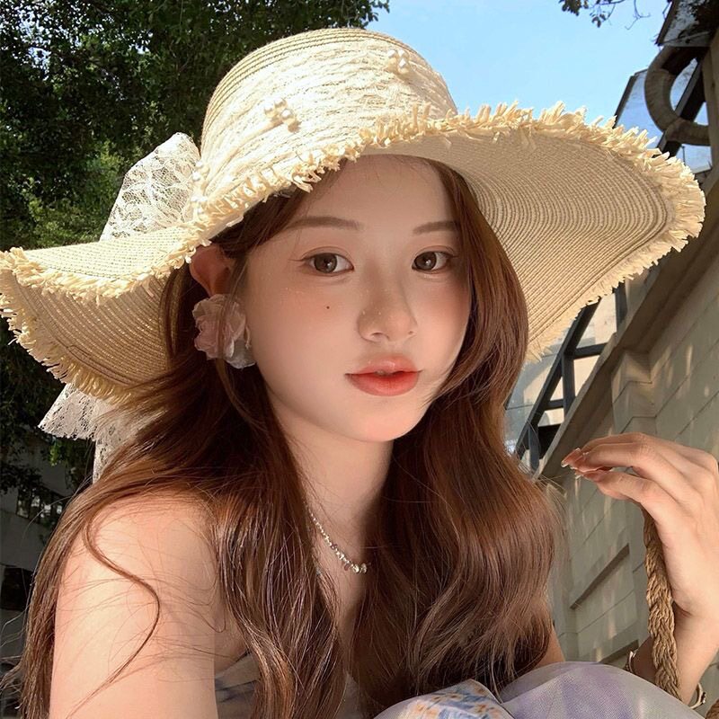 蕾丝蝴蝶结大帽檐草帽2026新款海边沙滩防晒帽子女士漂亮遮阳帽