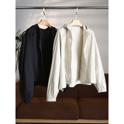 【颖颖家】新疆长绒棉机能风下摆抽绳拉链连帽廓形夹克外套W1974