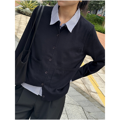【颖颖家】简约气质条纹翻领大口袋美利奴羊毛假两件针织衫 W2494
