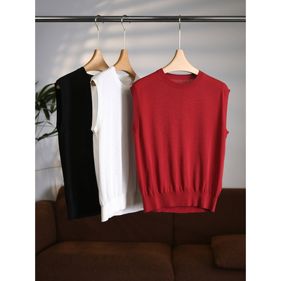 [颖颖家]轻薄莱赛尔亚麻混纺圆领后中缝线宽松百搭针织背心W2069